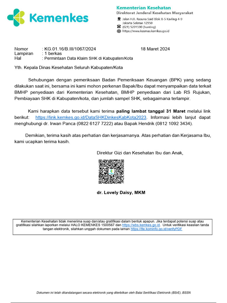 Permintaan Data Klaim SHK Kemenkes | PDF