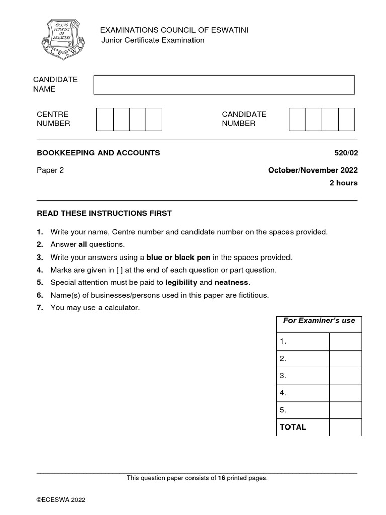 JC Bookkeeping Exam Paper 2022 | PDF | Debits And Credits | Money