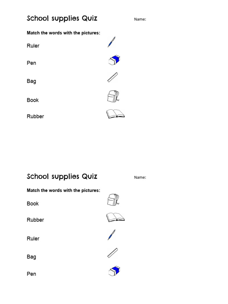 School Supplies Vocabulary Quiz | PDF