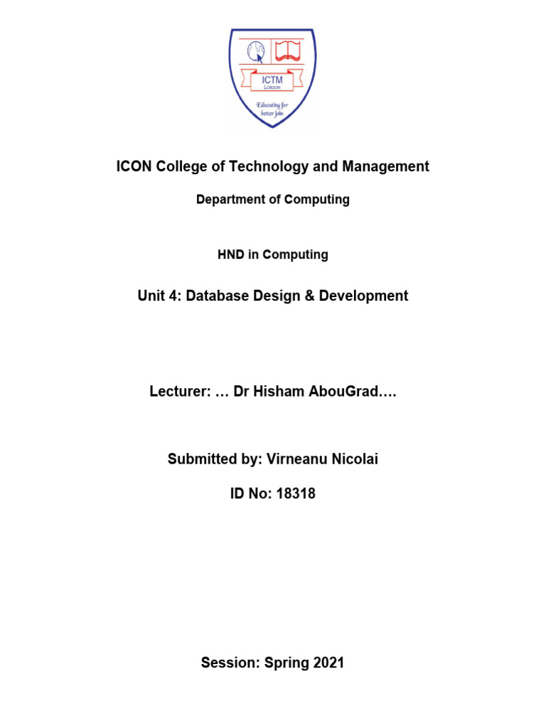 Unit04 CS04 DatabaseDesignDevelopment CourseworkTemplate HNDinComputing ...