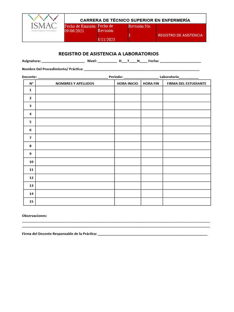 Formato de Registro de Asistencia A Laboratorios | PDF