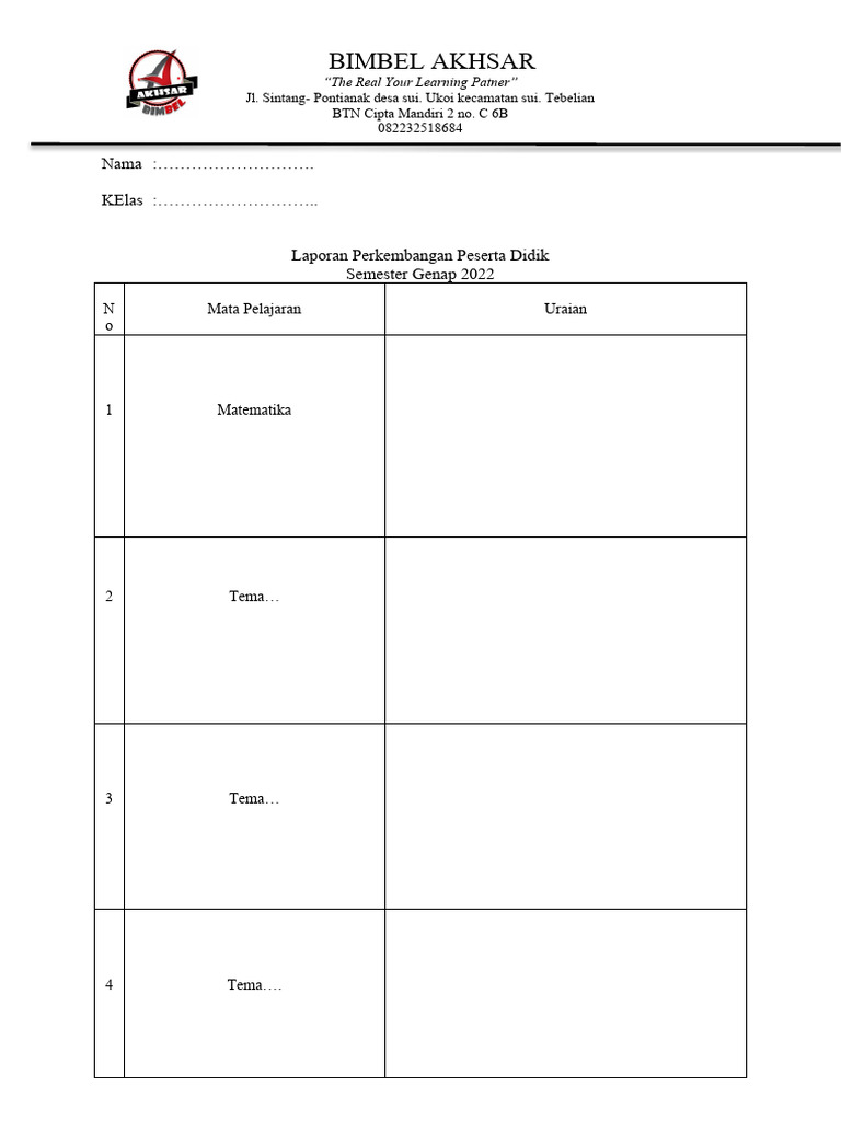 Laporan Perkembangan Peserta Didik BIMBEL | PDF