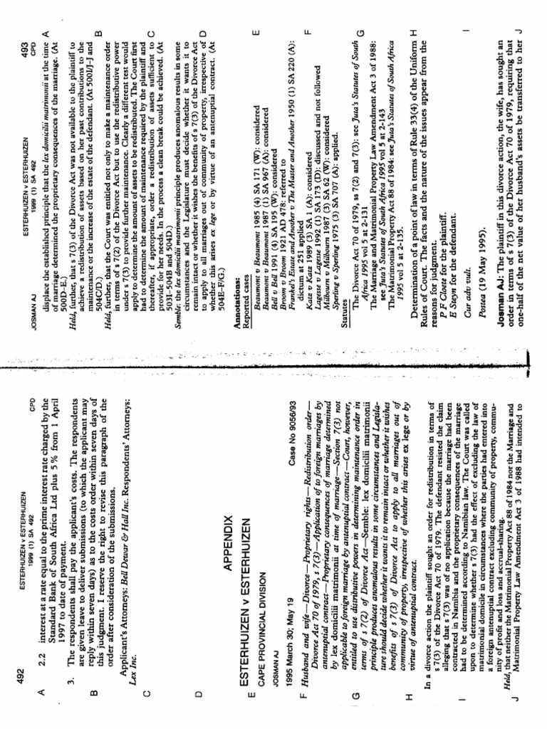 Esterhuizen V Esterhuizen 1999 (1) SA 492 (C) (492-504) | PDF