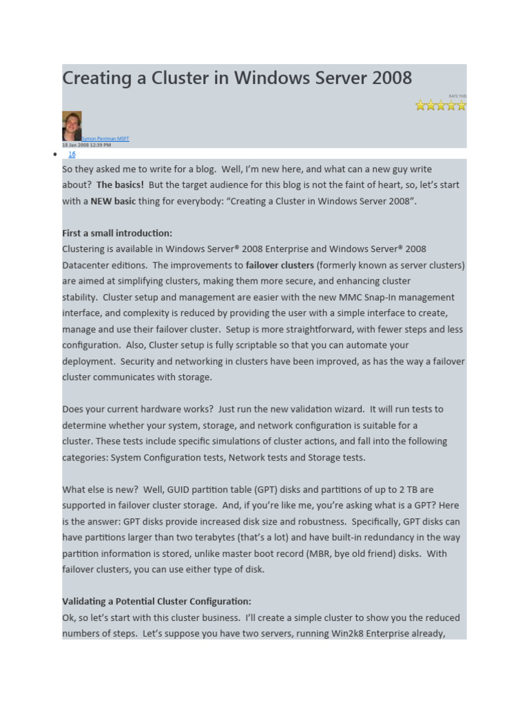 Creating A Cluster In Windows Server 2008 Pdf Computer Cluster Windows Server 2008