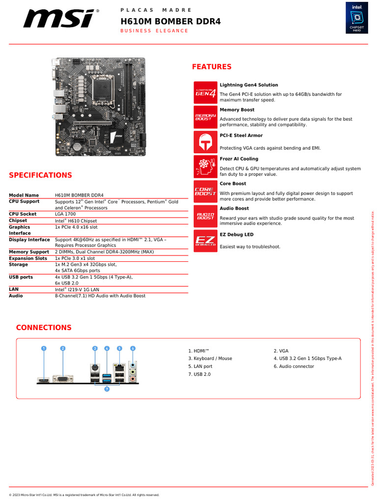 H610M-BOMBER-DDR4 | PDF | Usb | Computer Hardware