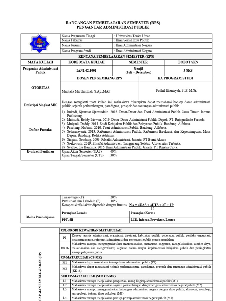 RPS Pengantar Administrasi Publik UTU | PDF