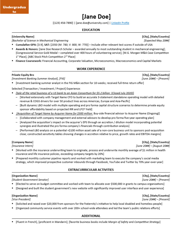 Undergraduate Investment Banking Resume Template Private Equity Bro ...
