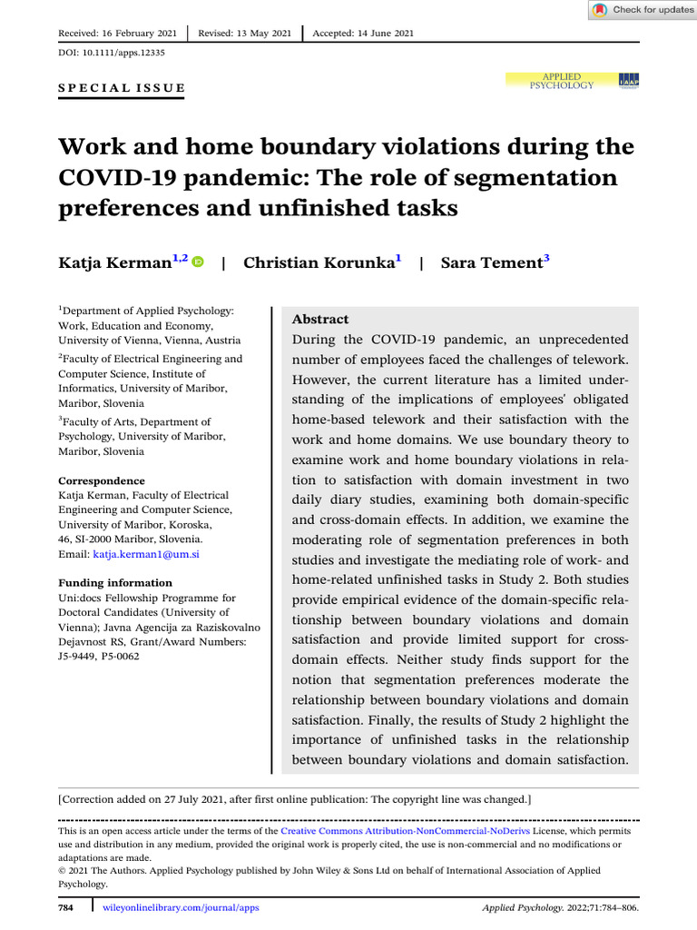 Applied Psychology - 2021 - Kerman - Work and Home Boundary Violations During The COVID 19 ...