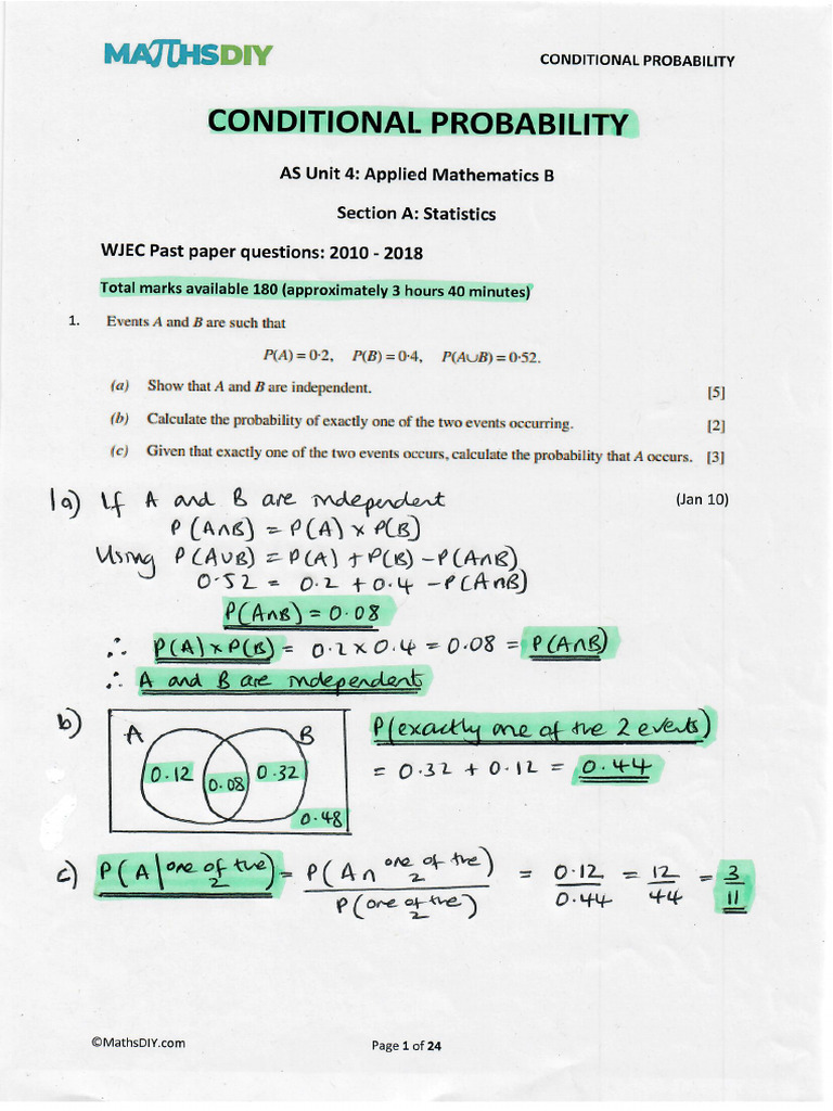 Conditional Probability Teacher Solutions A2 | PDF