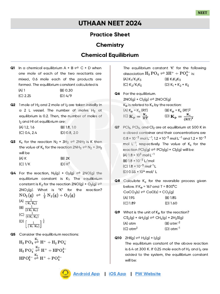 NEET 2024 Chemical Equilibrium Practice | PDF | Chemical Equilibrium | Chemistry