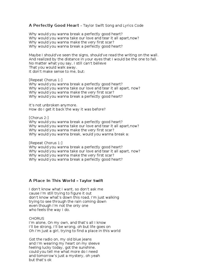 A Perfectly Good Heart: - Taylor Swift | PDF | Songs | Leisure