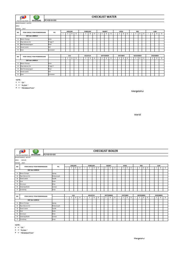 Checklist Pemeliharaan Air dan Boiler 2017 | PDF