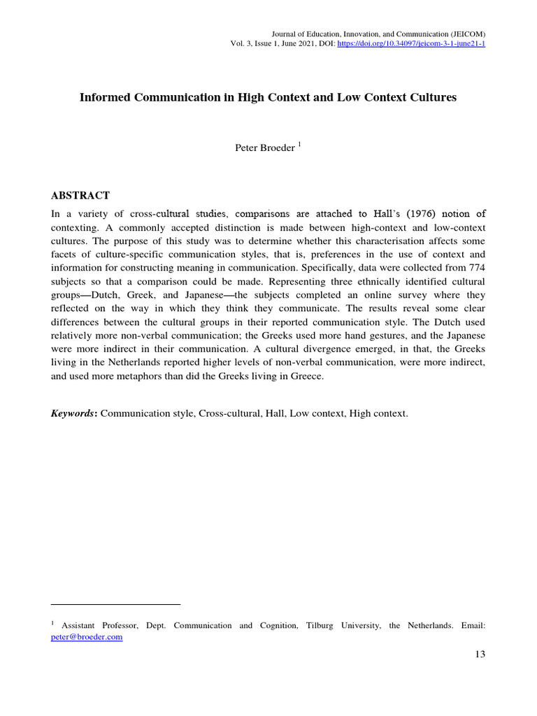 Informed Communication in High Context and Low Context Cultures | Download Free PDF ...
