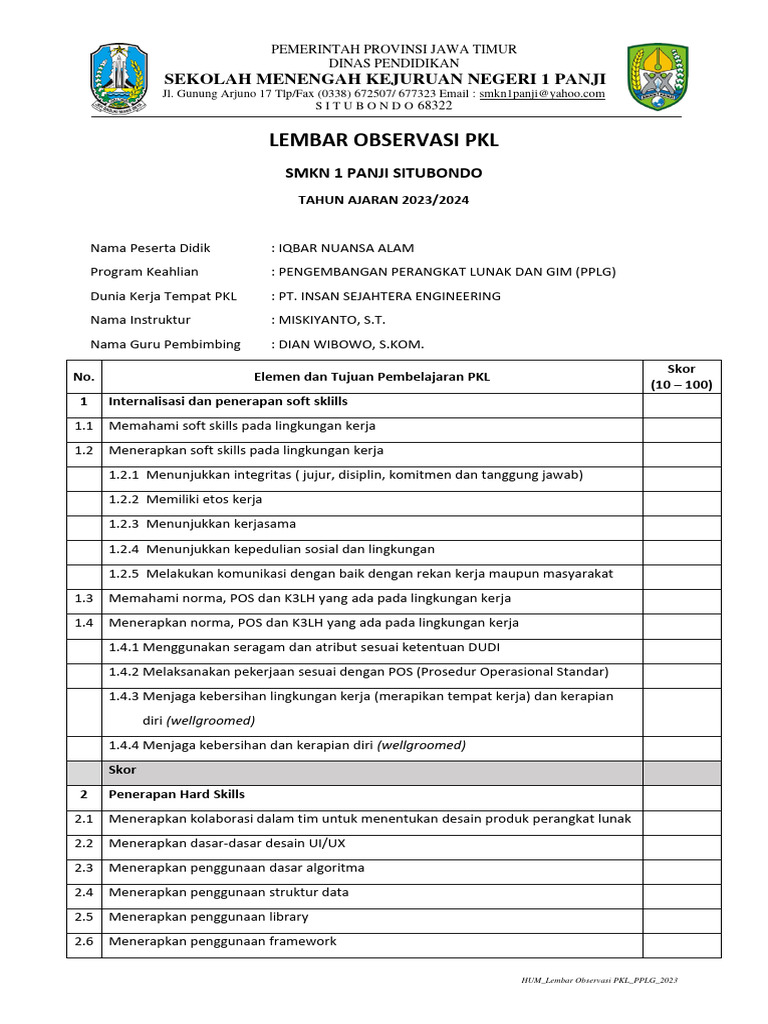LEMBAR-OBSERVASI-PKL PPLG - Ikbar | PDF