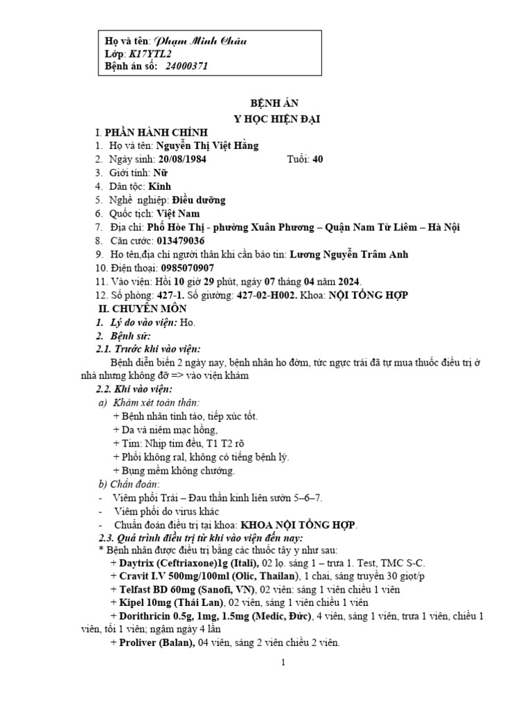 Phạm Minh Châu-k17ytl2-Bài Thi Thực Tập Lâm Sàng Bệnh Án -Yhhd | PDF