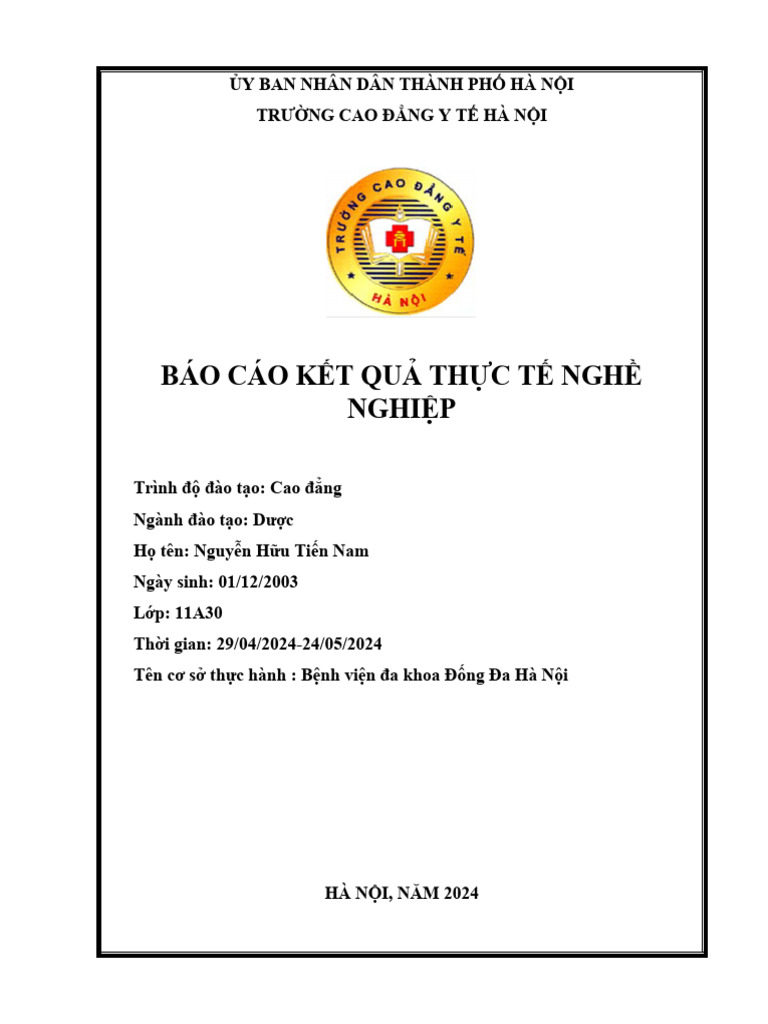 BCTT THỰC TẾ NGHỀ NGHIỆP -Nguyễn Hữu Tiến Nam - Dược 11A30 | PDF