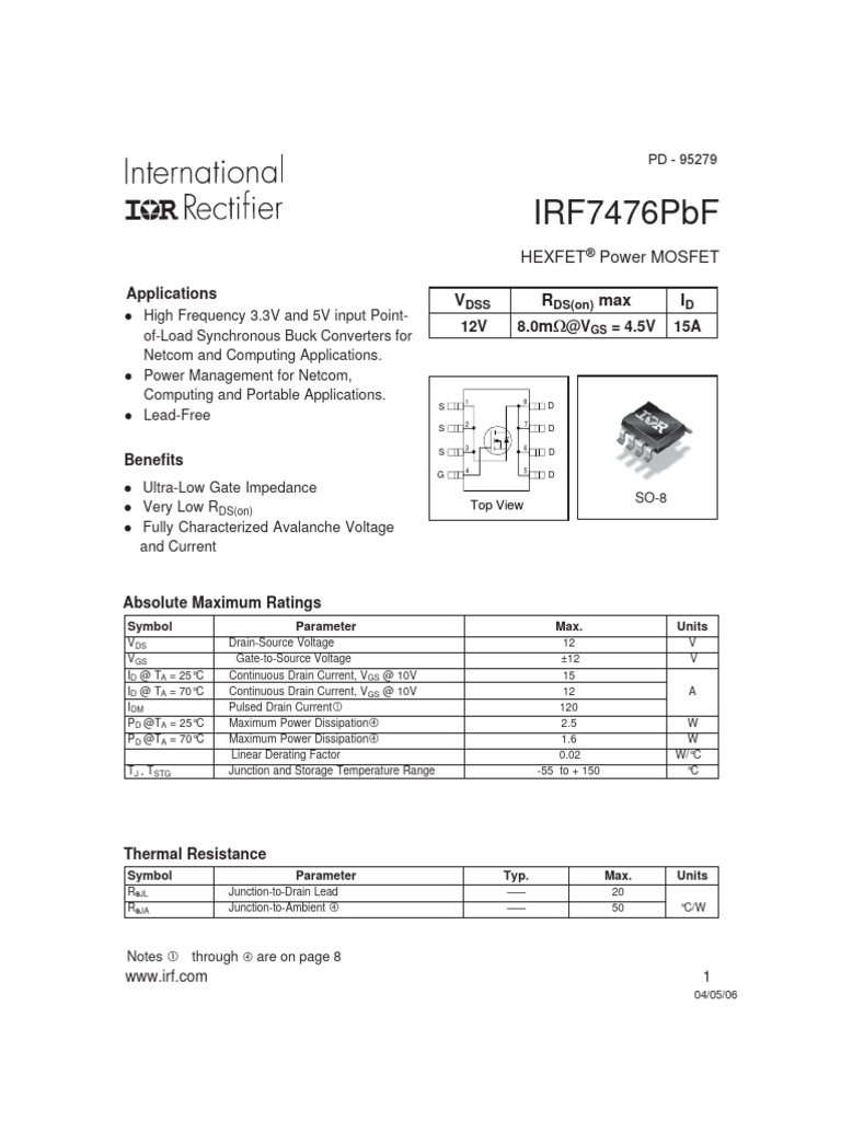 Infineon IRF7476 DataSheet v01 - 01 EN | PDF | Diode | Field Effect Transistor