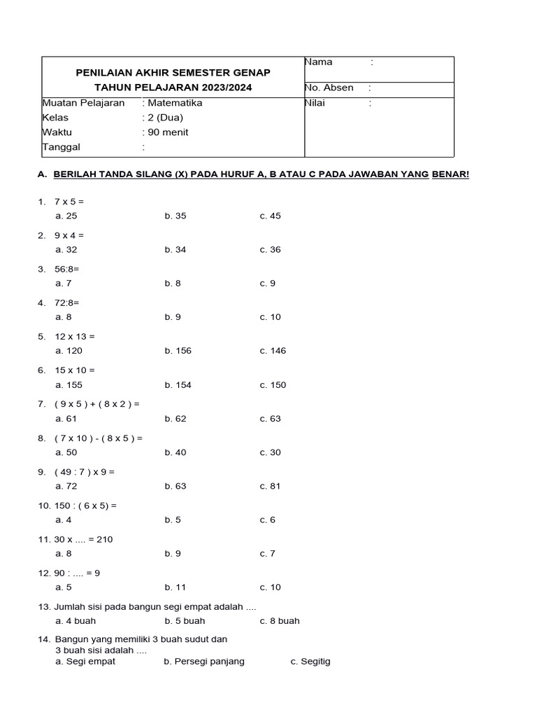 Soal PAT Matematika Kelas 2 K2013 | PDF | Metode & Bahan Ajar