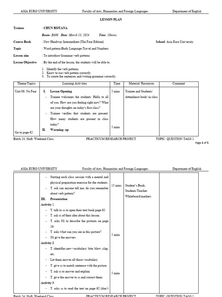 Practicum Lesson Plan For AEU | PDF | Question | English Language