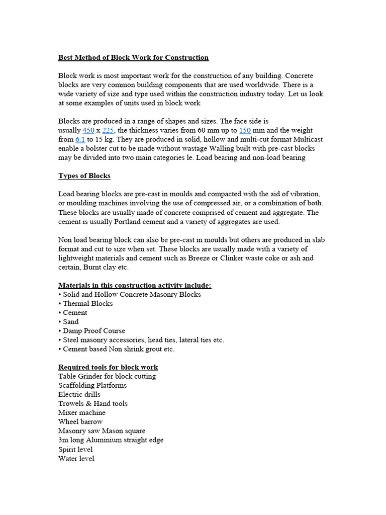 Best Method of Block Work For Construction | PDF | Masonry | Concrete