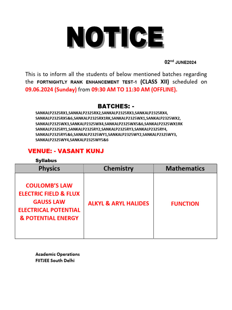 Sankalp2325 Fortnightly Rank Enhancement Test-1 Notice | PDF | Teaching ...