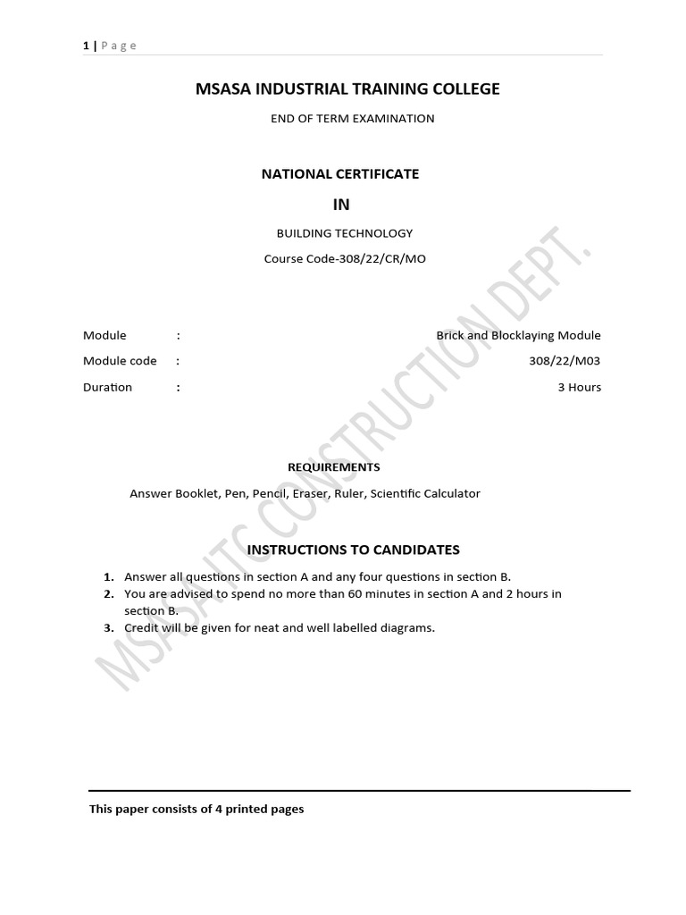 NATIONAL CERTIFICATE IN BRICK AND BLOCKLAYING END OF TERM EXAM 2024 | Download Free PDF ...