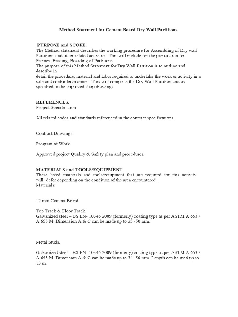 Method Statement For Cement Board Dry Wall Partitions | PDF | Drywall ... Method Statement For Cement Board Dry Wall Partitions | PDF | Drywall ...