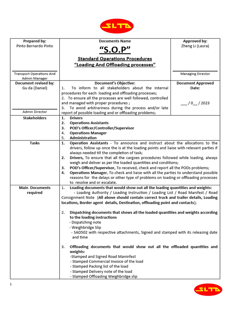 SOP - Loading and Offloading | PDF | Cargo | Truck