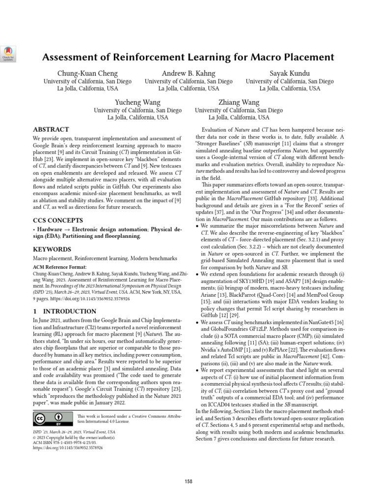 Assessment of Reinforcement Learning For Macro Placement | PDF | Computer Engineering | Digital ...