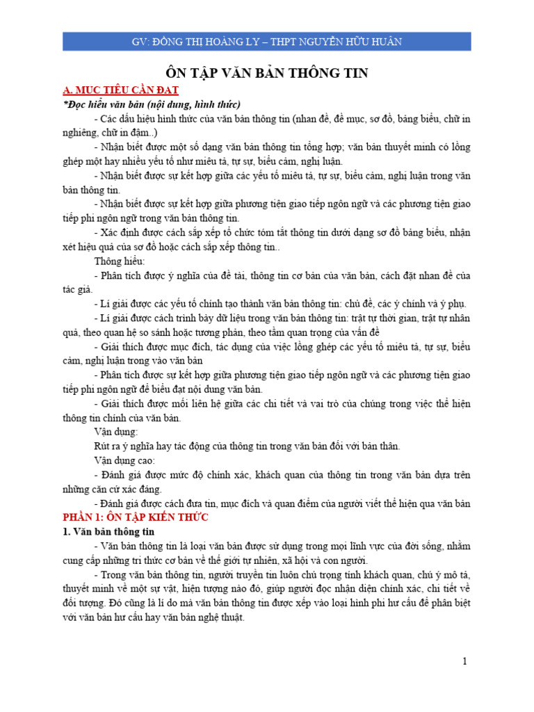 ÔN TẬP ĐỌC HIỂU VBTT HS | PDF