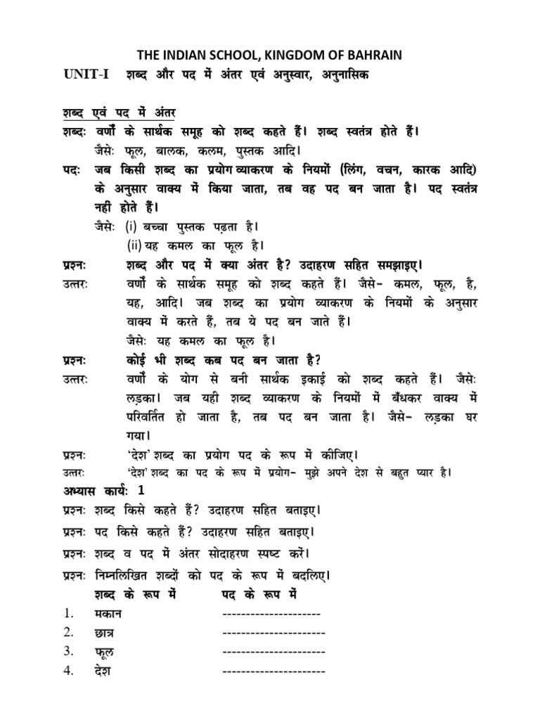 IX Hindi Gr Shabd,Pad,Anusvar Evam Anunasik Updated 20-04-2024 | PDF ...