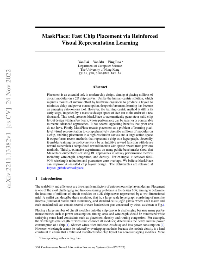 MaskPlace - Fast Chip Placement Via Reinforced Visual Representation Learning | PDF | Integrated ...