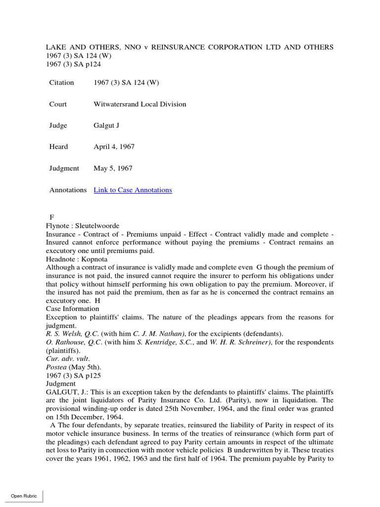 Lake & Others NNO V Reinsurance Corporation LTD & Others 1967 (3) SA 124 (W) | PDF | Insurance ...
