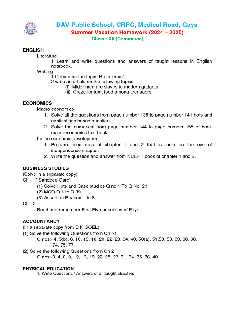 Summer Vacation Homework Of Xii Commerce2024 2025 Pdf 