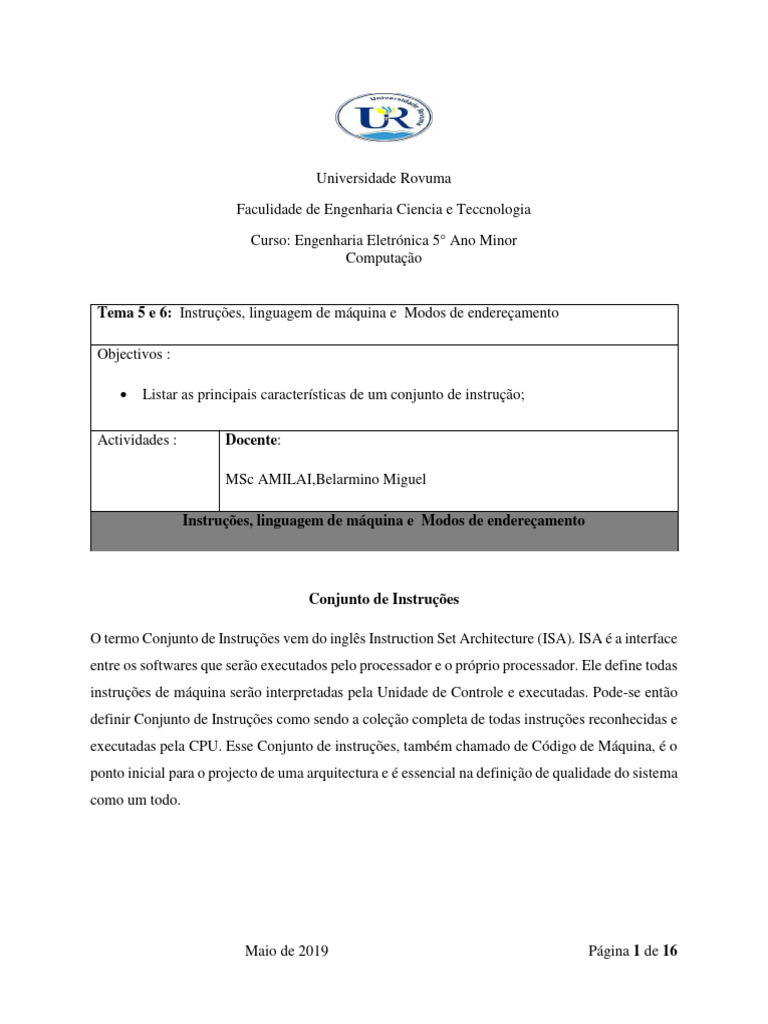 Tema 5 e 6 - Instruções, Linguagem de Máquina e Modos de Endereçamento ...
