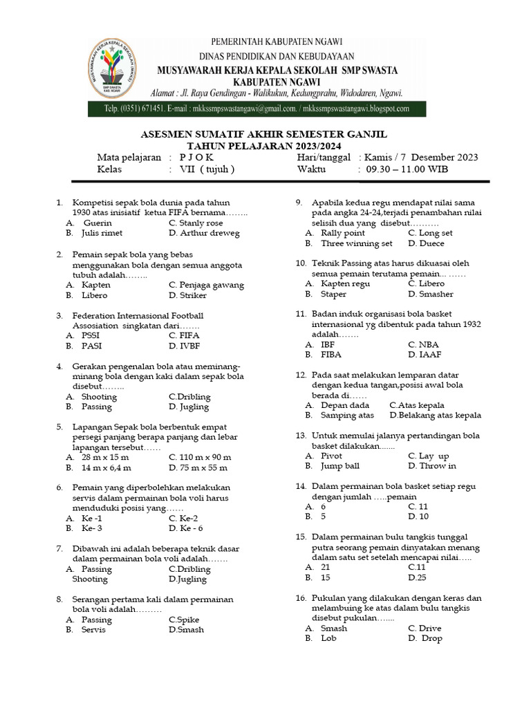 Contoh Soal Pjok Kelas Vii | PDF | Olahraga & Rekreasi