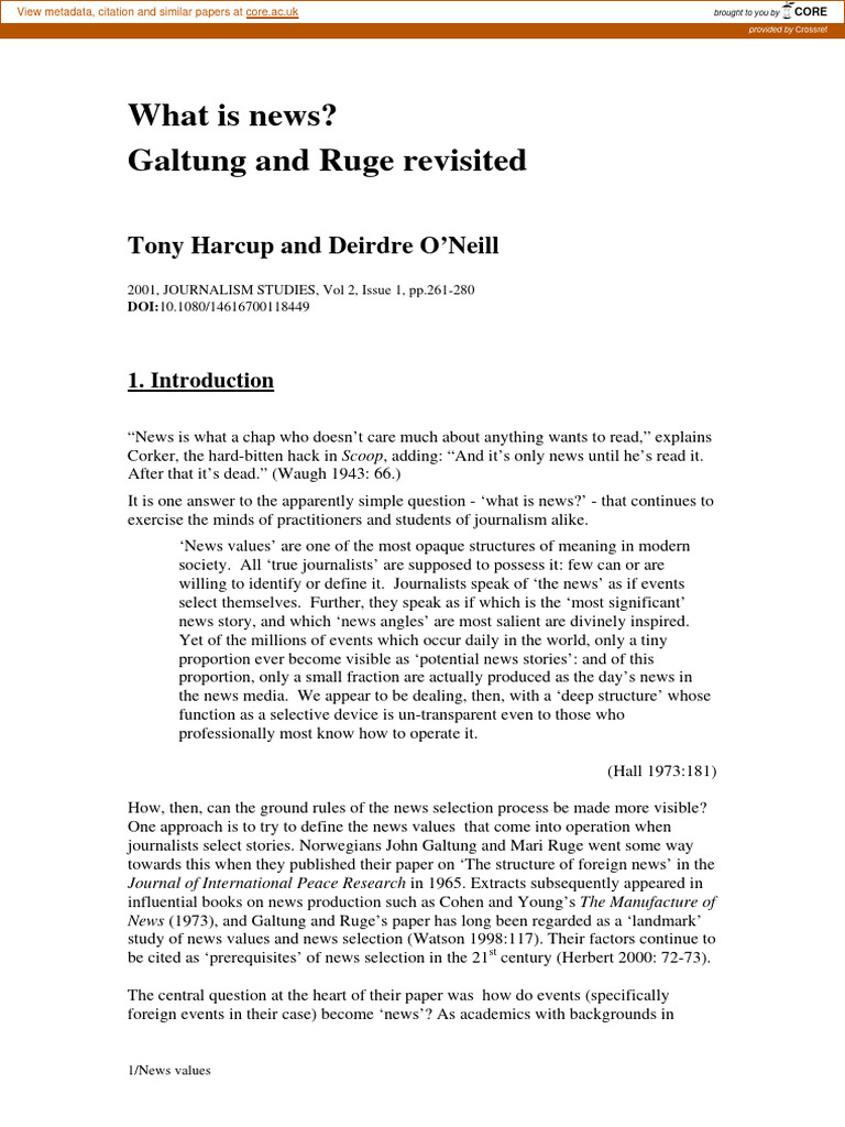What Is News? Galtung and Ruge Revisited: Tony Harcup and Deirdre O ...