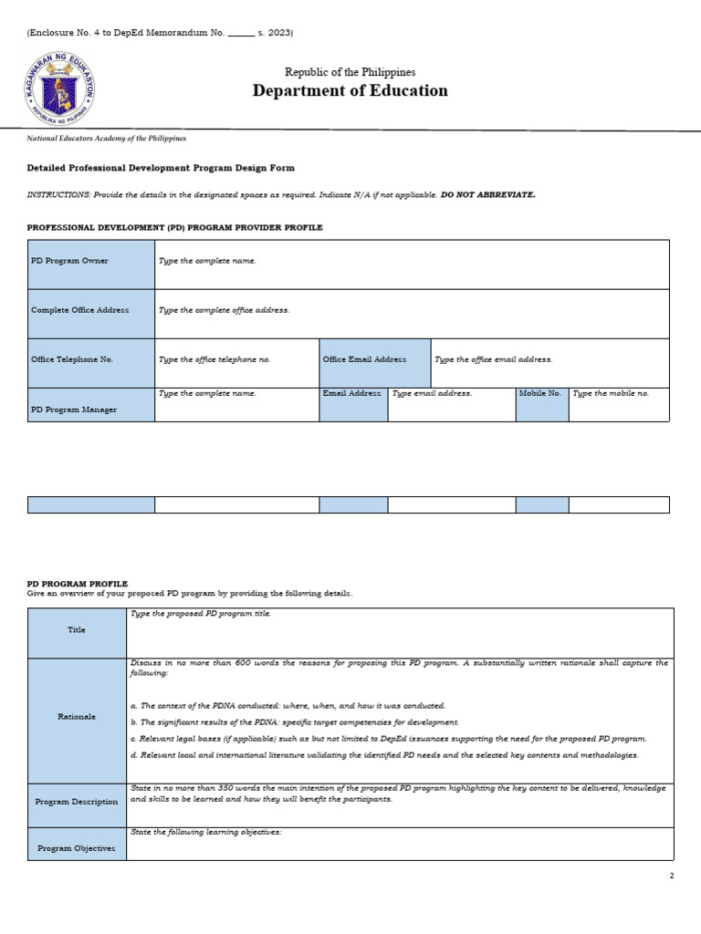 Enclosure No. 4 Detailed PD Program Design and ME Plan Form | PDF | Learning | Knowledge