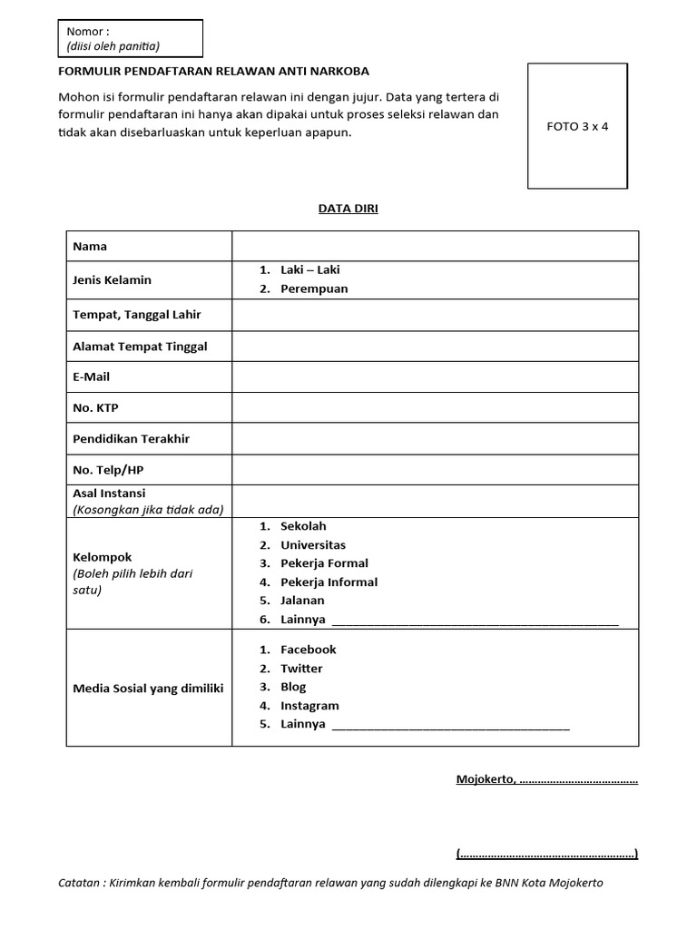 Formulir Pendaftaran Relawan Anti Narkoba | PDF