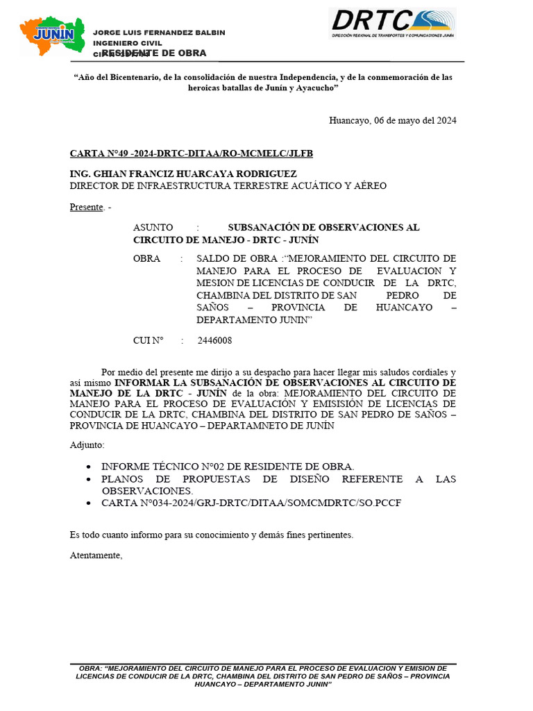 CARTA N° 049 - SUBSANACIÓN DE OBSERVACIONES CIRCUITO DE MANEJO | Descargar gratis PDF ...