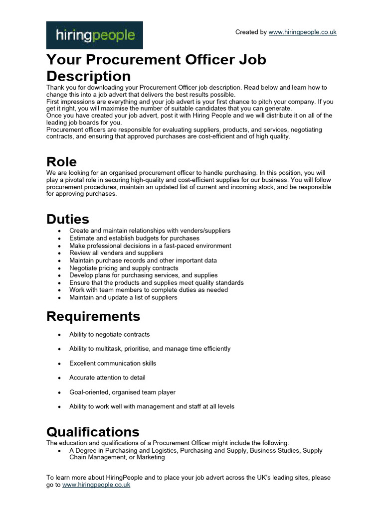 Procurement Officer Job Description | PDF | Procurement | Supply Chain