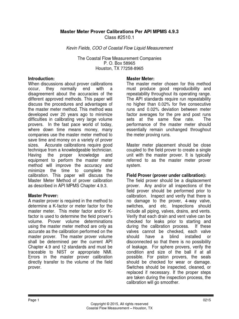 Master Meter Prover Calibrations Per API MPMS 4.9.3 | PDF | Calibration ...