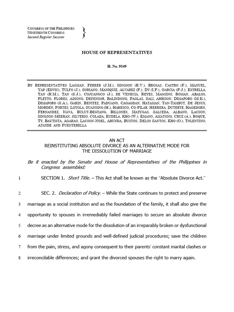 House Bill No. 9349 Absolute Divorce Act (Third Reading Copy) | Download Free PDF | Divorce ...