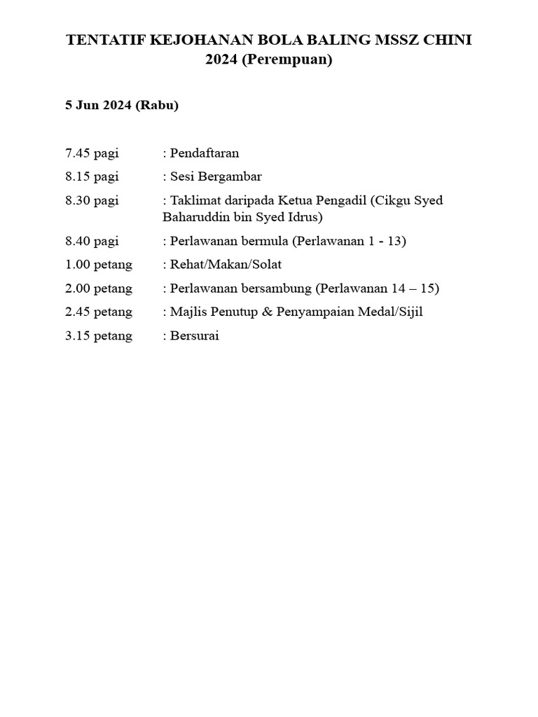 Tentatif Kejohanan Bola Baling MSSZ Chini 2024 P | PDF