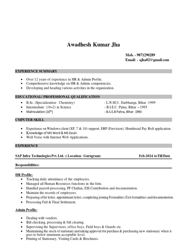 Awadhesh Kumar CV | PDF | Human Resources | Invoice