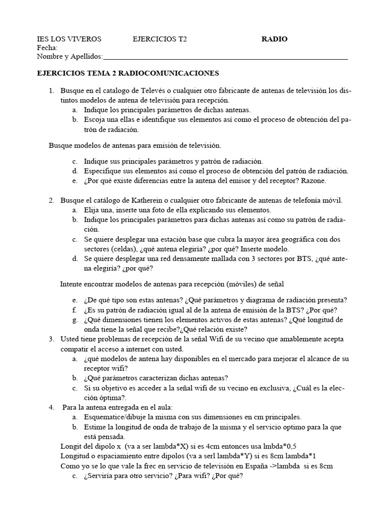 EJERCICIOS Radio T2 Antenas | PDF | Antena (Radio) | Radio