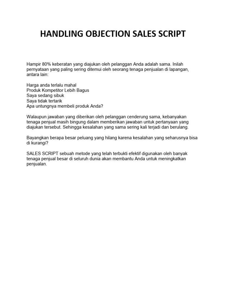 Handling Objection Sales Script | PDF