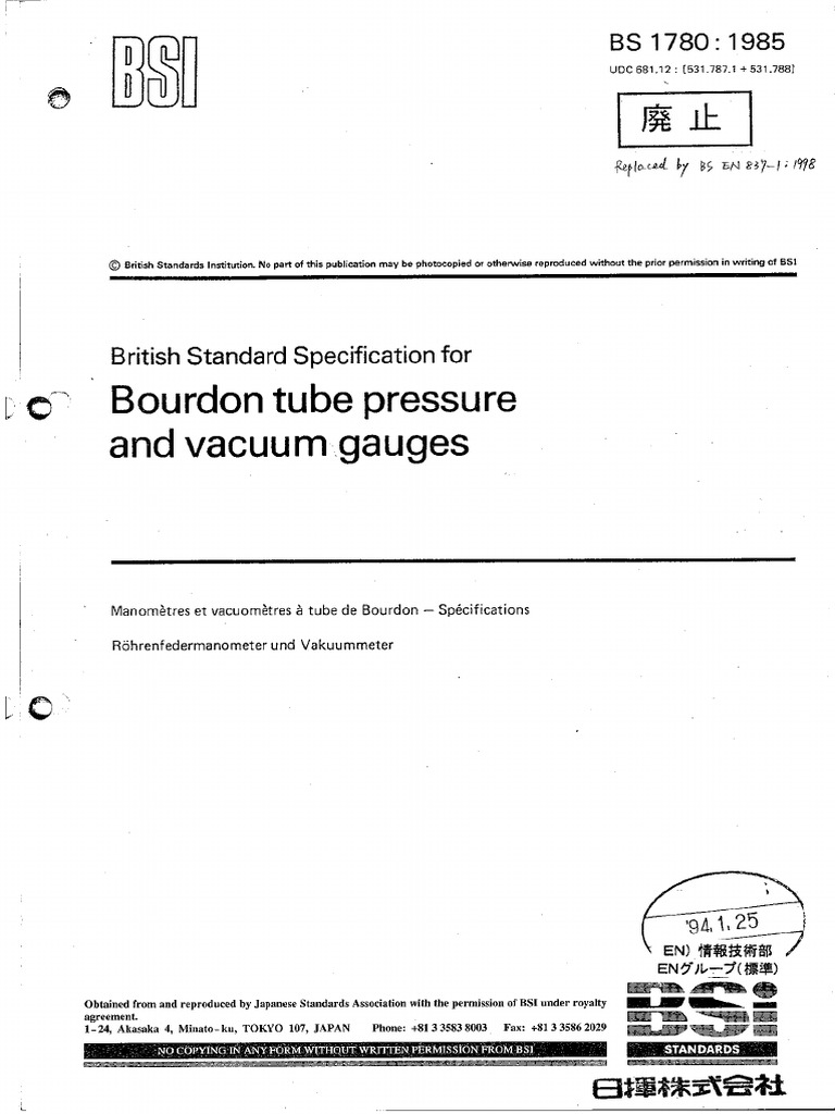BS 1780_1985 bourdon tube pressure and vacuum gauges | PDF