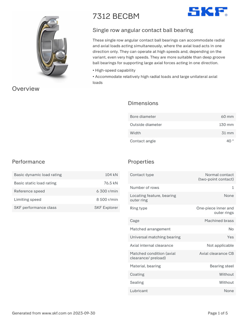 SKF 7312 BECBM Specification | PDF | License | Bearing (Mechanical)