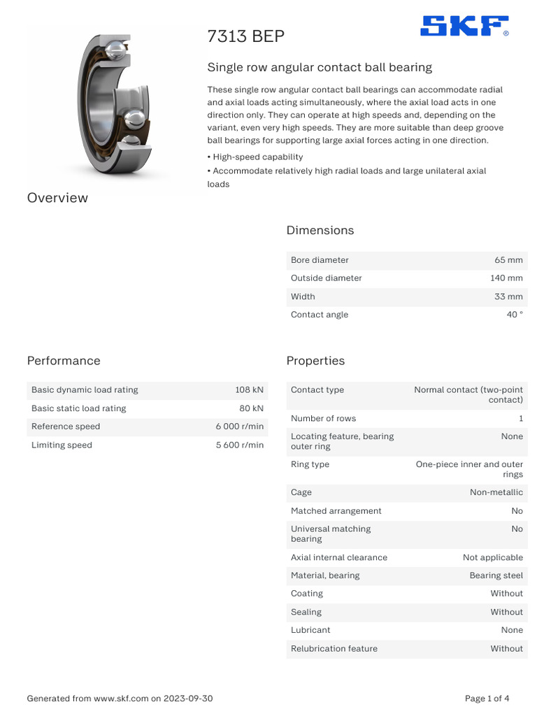 SKF 7313 BEP Specification | PDF | License | Bearing (Mechanical)